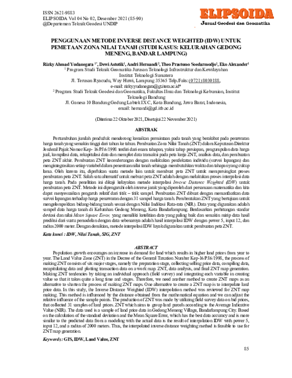 (PDF) Penggunaan Metode Inverse Distance Weighted (Idw) Untuk Pemetaan Zona Nilai Tanah (Studi ...