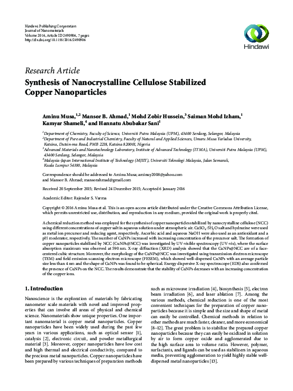 (PDF) Synthesis of Nanocrystalline Cellulose Stabilized Copper ...