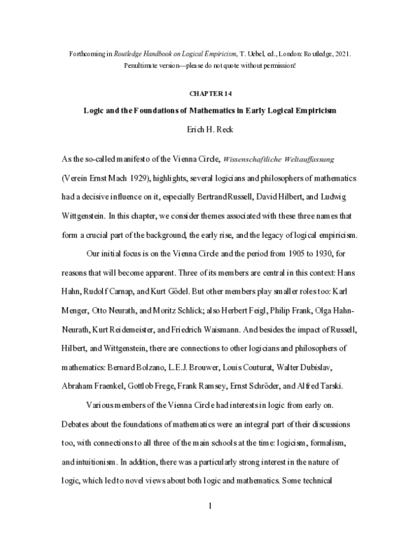 (PDF) Logic and the foundations of mathematics in early logical empiricism