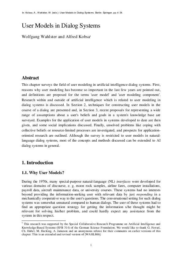 (PDF) User Models in Dialog Systems