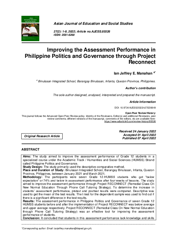 (PDF) Improving the Assessment Performance in Philippine Politics and ...