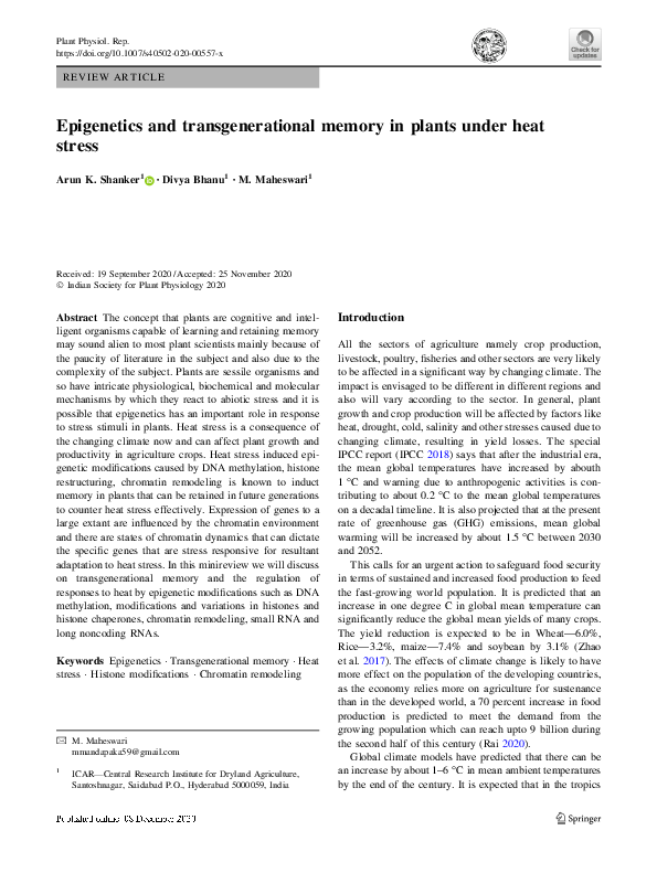 (PDF) Epigenetics and transgenerational memory in plants under heat stress
