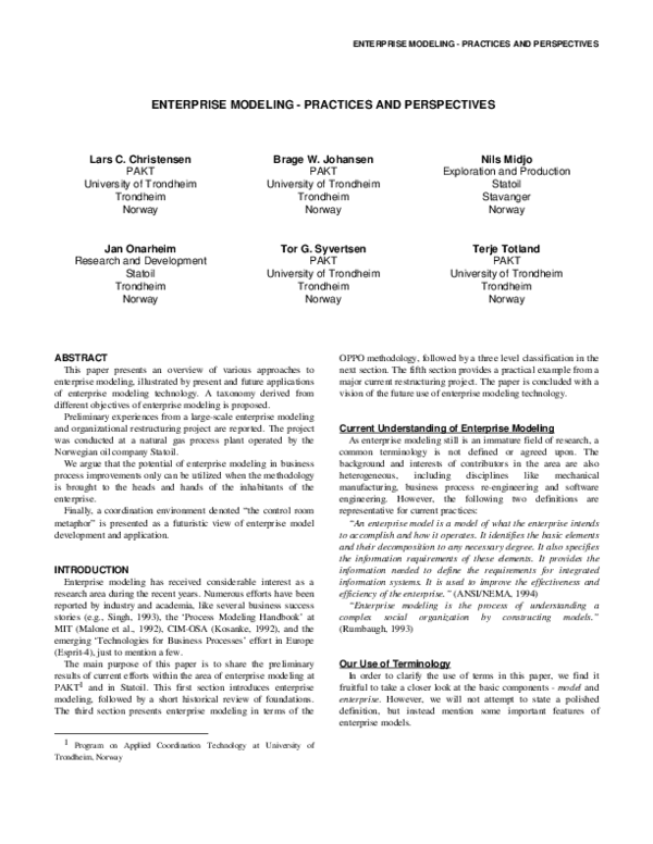 (PDF) Enterprise Modeling: Practices and Perspectives