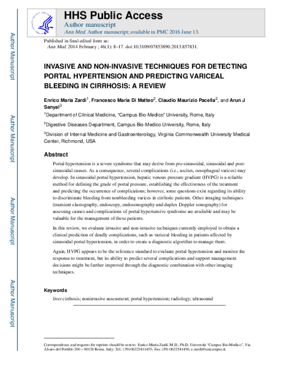 (PDF) Invasive and non-invasive techniques for detecting portal hypertension and predicting ...