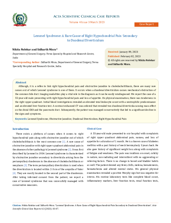 (PDF) Lemmel Syndrome: A Rare Cause of Right Hypochondrial Pain ...