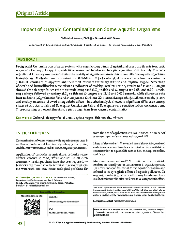 (PDF) Impact of organic contamination on some aquatic organisms