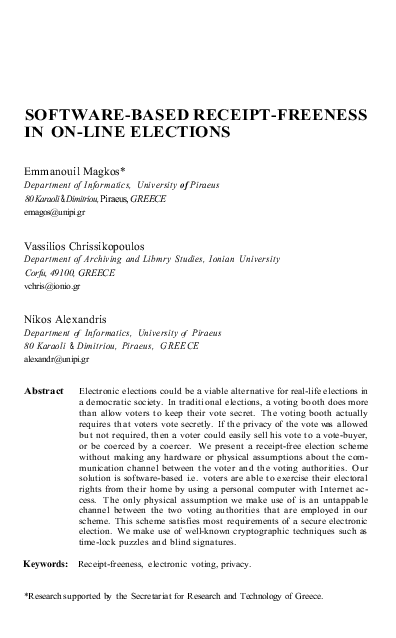 (PDF) Software-based Receipt-freeness in On-line Elections