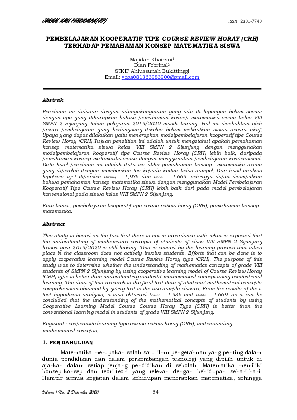 (PDF) Pembelajaran Kooperatif Tipe Course Review Horay (CRH) Terhadap Pemahaman Konsep ...