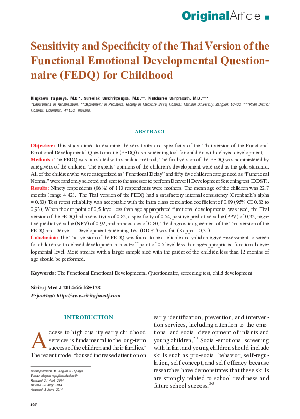(PDF) Sensitivity and Specificity of the Thai Version of the Functional ...