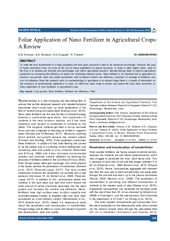 Foliar Application Of Nano Fertilizer In Agricultural Crops A Review