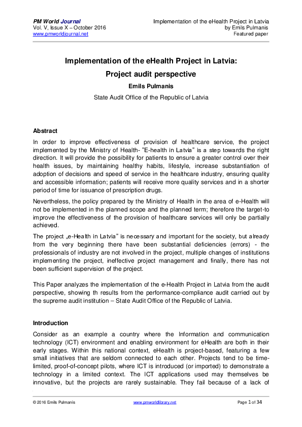 (PDF) Implementation of the eHealth Project in Latvia: Project audit ...