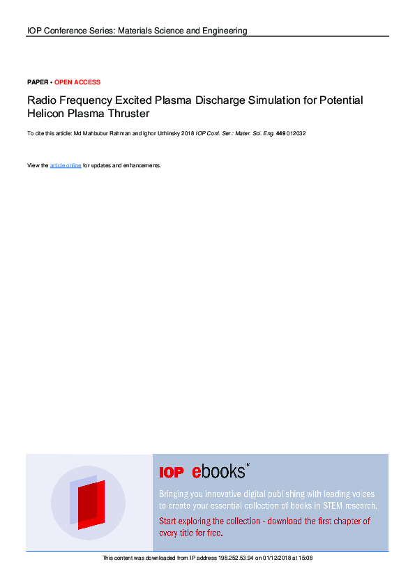 (PDF) Radio Frequency Excited Plasma Discharge Simulation for Potential Helicon Plasma Thruster