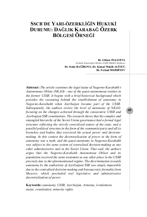 (PDF) Legal Status of Half Authonomy in Ussr: Example of Nagorno ...