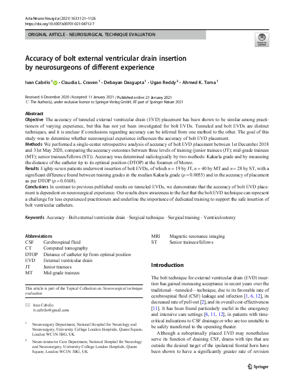 (PDF) Accuracy of bolt external ventricular drain insertion by ...