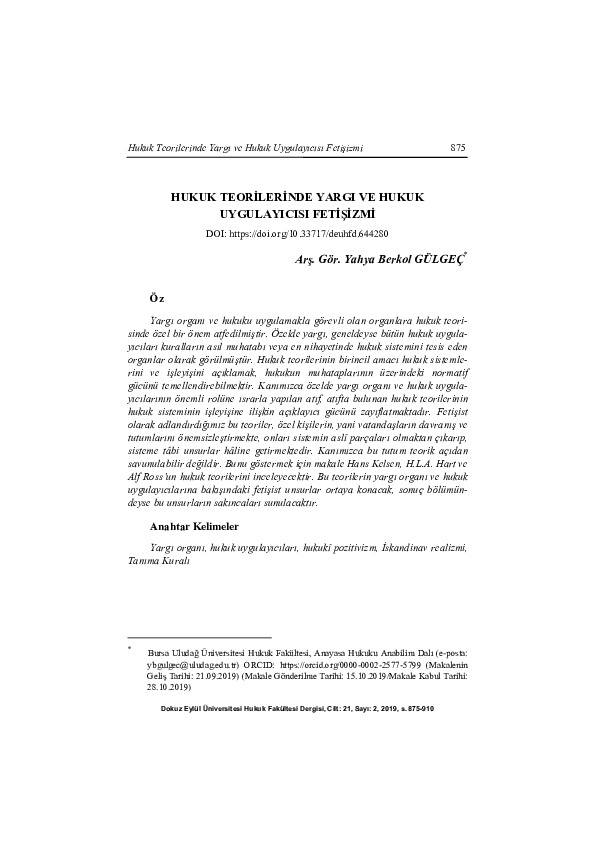 (PDF) Hukuk Teori̇leri̇nde Yargi Ve Hukuk Uygulayicisi Feti̇şi̇zmi̇