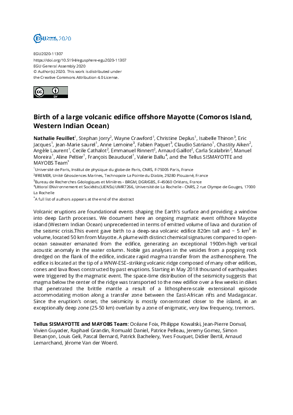 (PDF) Birth of a large volcanic edifice offshore Mayotte via ...