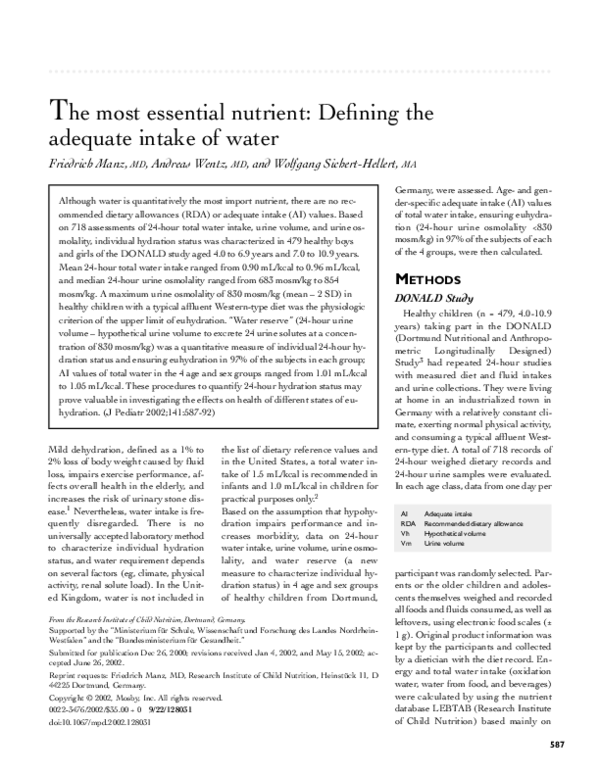 (PDF) The most essential nutrient: Defining the adequate intake of water