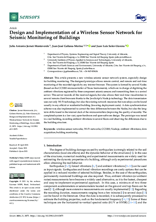 Pdf Design And Implementation Of A Wireless Sensor Network For Seismic Monitoring Of Buildings