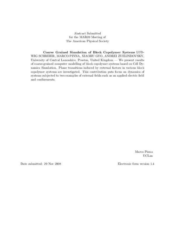 (PDF) Coarse Grained Simulation of Block Copolymer Systems