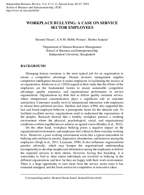 (PDF) WORKPLACE BULLYING: A CASE ON SERVICE SECTOR EMPLOYEES