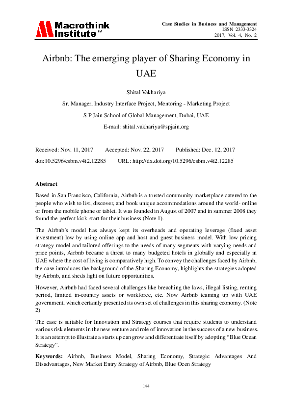 (PDF) Airbnb: The emerging player of Sharing Economy in UAE