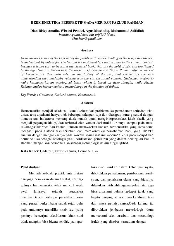 (PDF) Hermeneutika Perspektif Gadamer dan Fazlur Rahman
