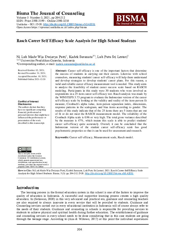 (PDF) Rasch Career Self Efficacy Scale Analysis for High School Students
