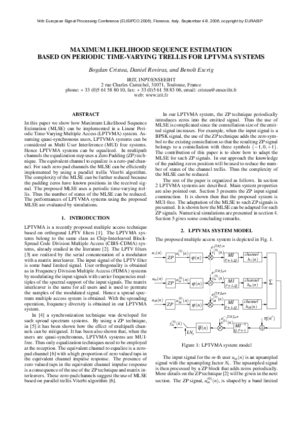 (PDF) Maximum Likelihood Sequence Estimation based on Periodic Time-Varying trellis for LPTVMA ...