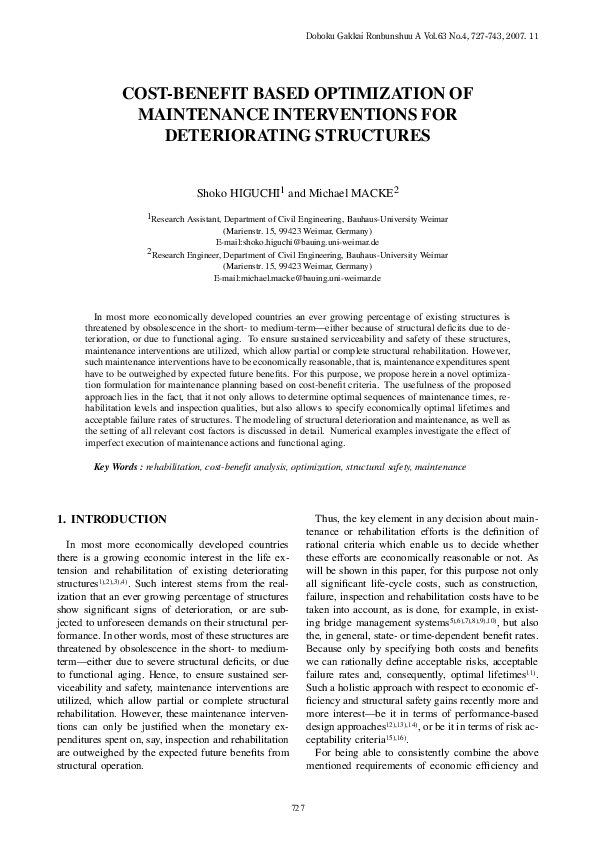 Pdf Cost Benefit Based Optimization Of Maintenance Interventions For Deteriorating Structures
