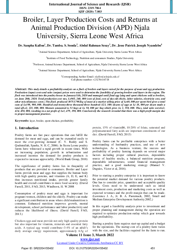 (PDF) Broiler, Layer Production Costs and Returns at Animal Production ...