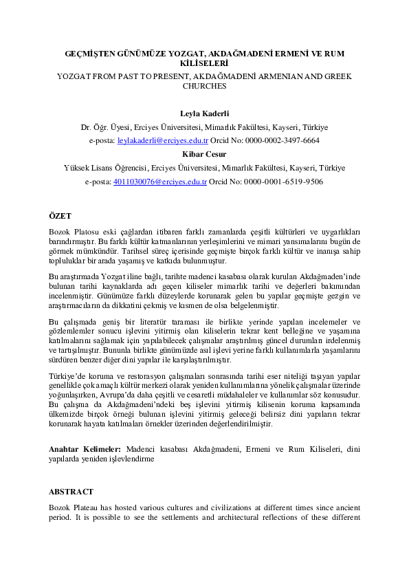 (PDF) GEÇMİŞTEN GÜNÜMÜZE YOZGAT, AKDAĞMADENİ ERMENİ VE RUM KİLİSELERİ ...