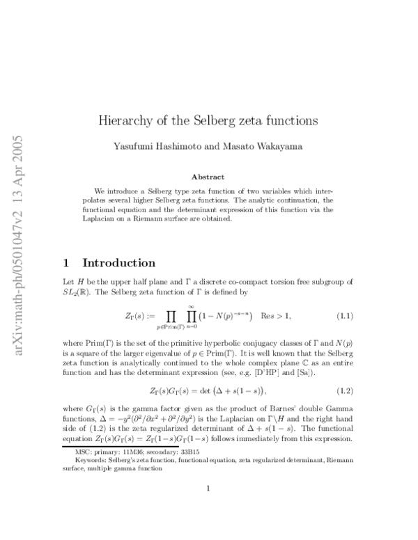 (PDF) Hierarchy of the Selberg Zeta Functions