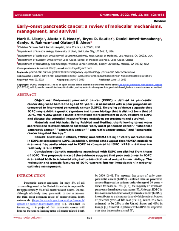 (PDF) Early-onset pancreatic cancer: a review of molecular mechanisms, management, and survival ...