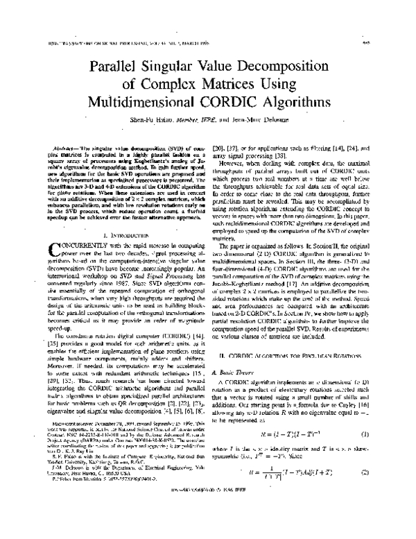 Pdf Parallel Singular Value Decomposition Of Complex Matrices Using Multidimensional Cordic