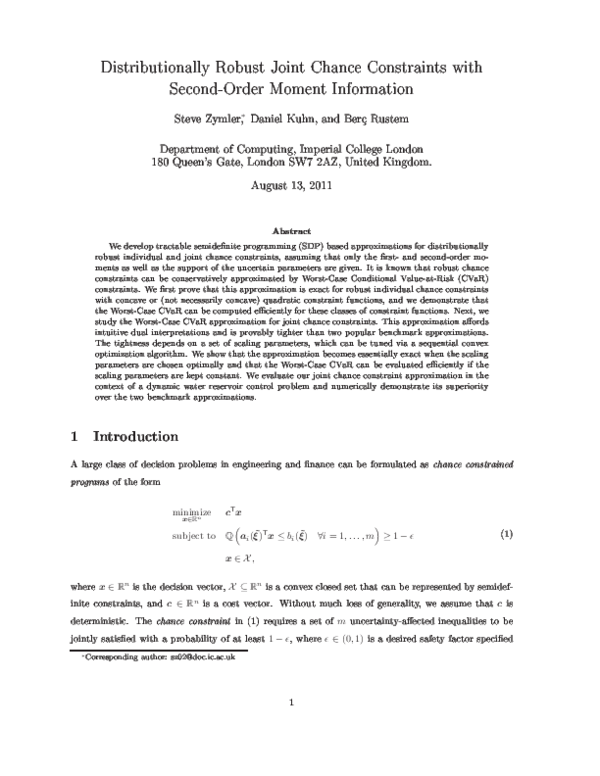 (PDF) Distributionally robust joint chance constraints with second-order moment information