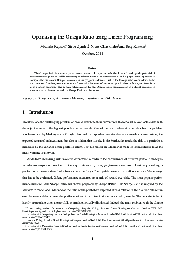 (PDF) Optimizing the Omega ratio using linear programming (PDF) Optimizing the Omega ratio using linear programming