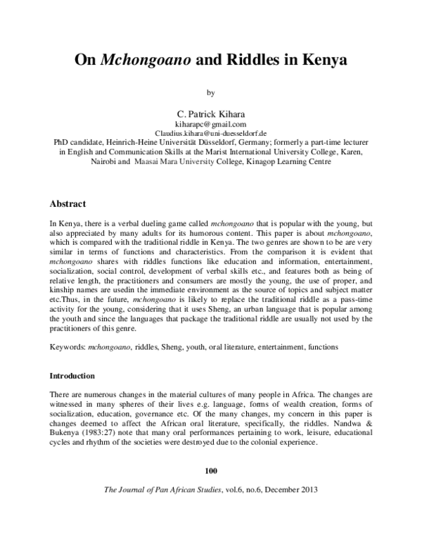(PDF) On Mchongoano and Riddles in Kenya