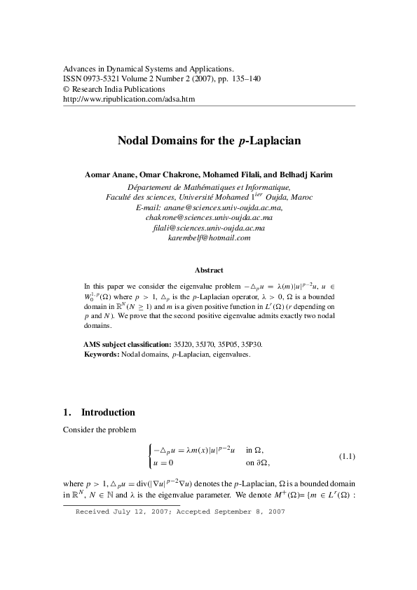 (PDF) Nodal Domains for the p-Laplacian | mohamed filali - Academia.edu