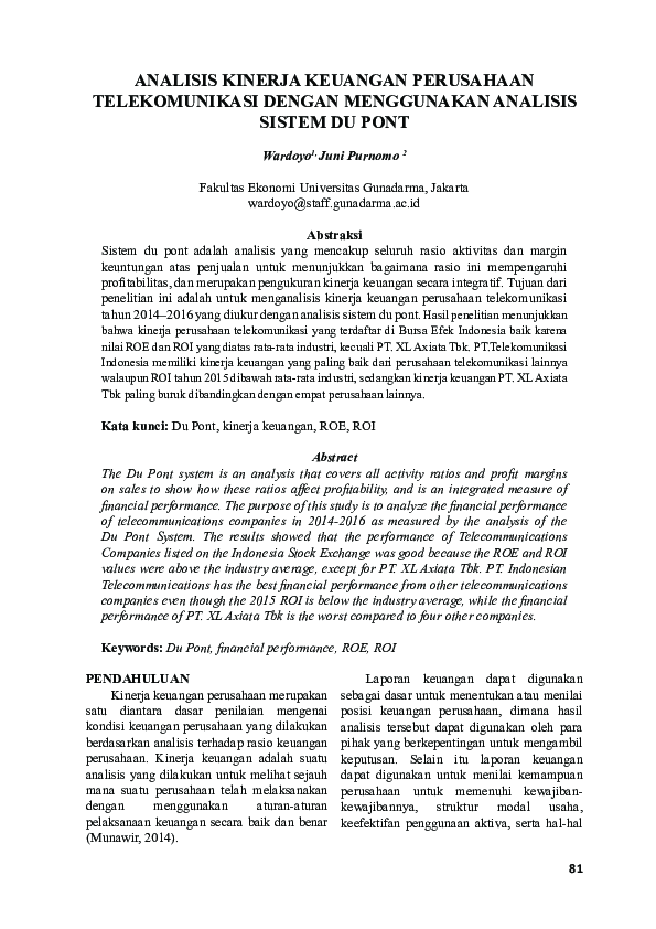 (PDF) Analisis Kinerja Keuangan Perusahaan Telekomunikasi Dengan Menggunakan Analisis Sistem Du Pont