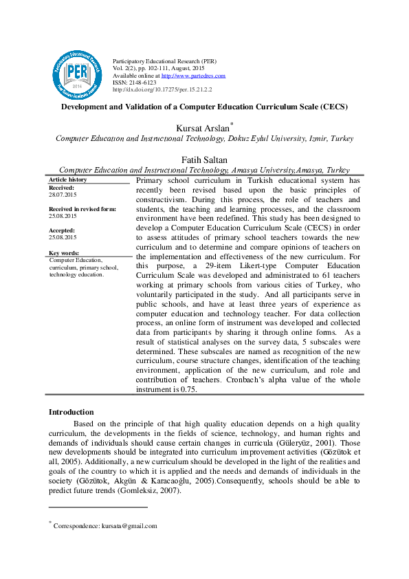 (PDF) Development and Validation of a Computer Education Curriculum Scale (CECS)