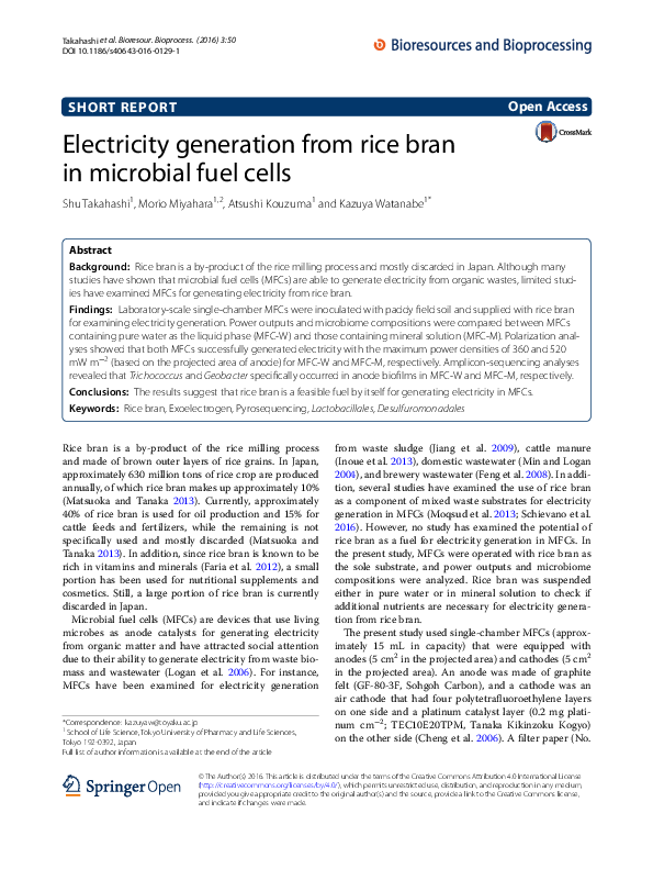 (PDF) Electricity generation from rice bran in microbial fuel cells