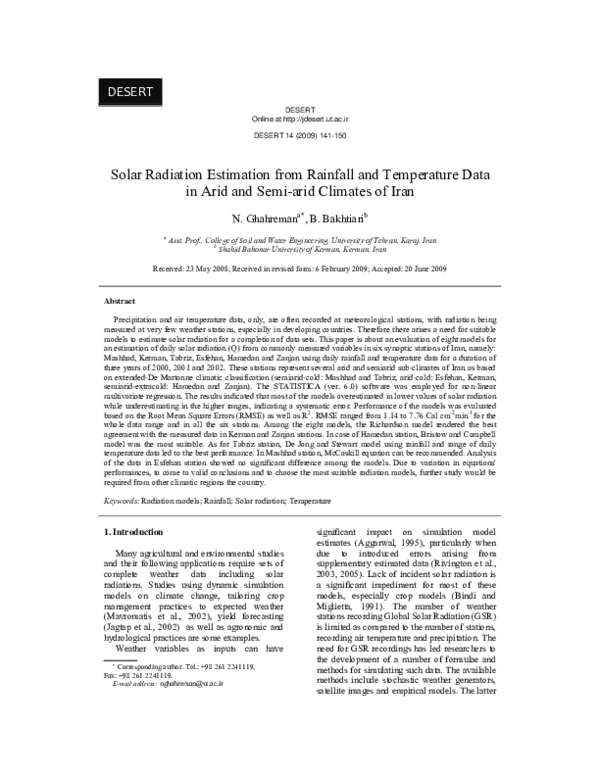 (PDF) Solar Radiation Estimation from Rainfall and Temperature Data in Arid and Semi-Arid ...
