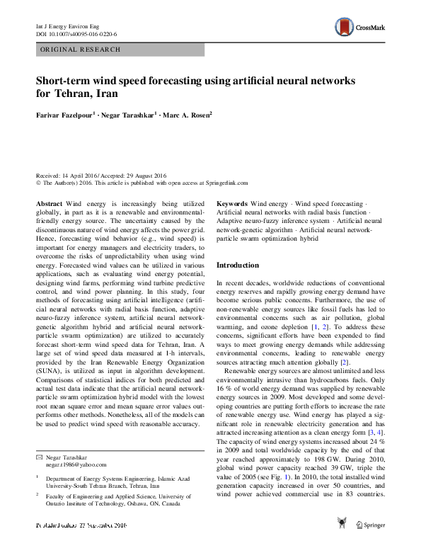Pdf Short Term Wind Speed Forecasting Using Artificial Neural Network