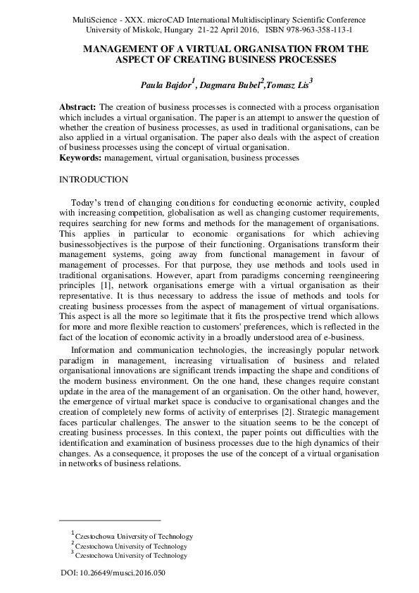 (PDF) Management of a Virtual Organisation from the Aspect of Creating Business Processes