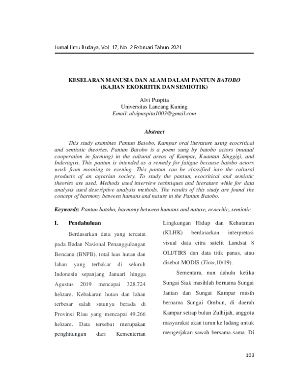 (PDF) Keselaran Manusia Dan Alam Dalam Pantun Batobo (Kajian Ekokritik ...