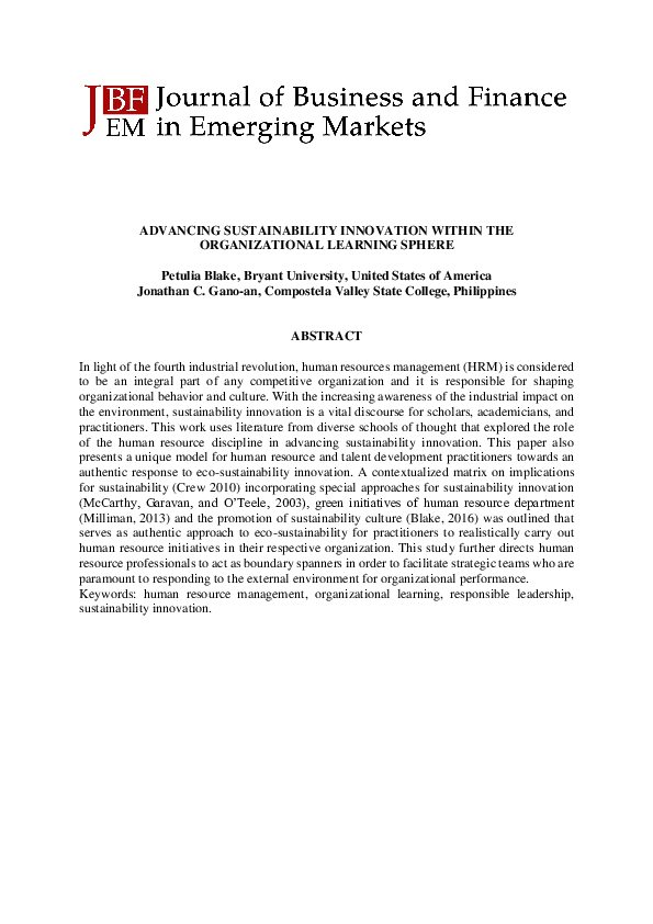 (PDF) Advancing Sustainability Innovation Within the Organizational ...