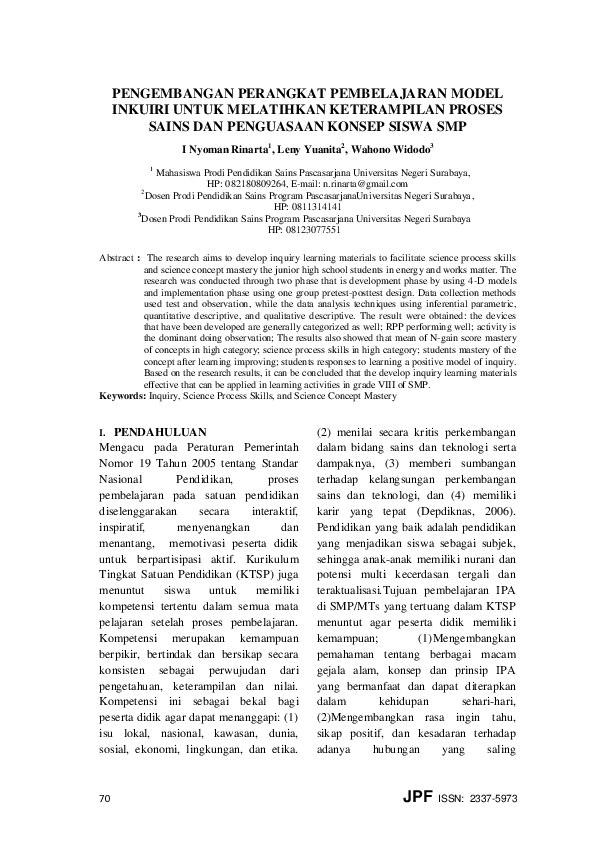 (PDF) Pengembangan Perangkat Pembelajaran Model Inkuiri Untuk Melatihkan Keterampilan Proses ...