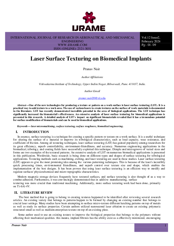 Pdf Laser Surface Texturing On Biomedical Implants
