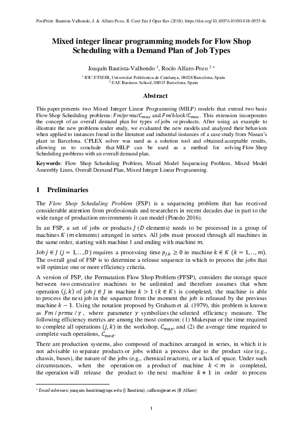 (PDF) Mixed integer linear programming models for Flow Shop Scheduling with a demand plan of job ...