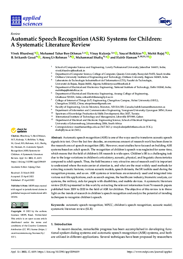 (PDF) Automatic Speech Recognition (ASR) Systems for Children: A Systematic Literature Review